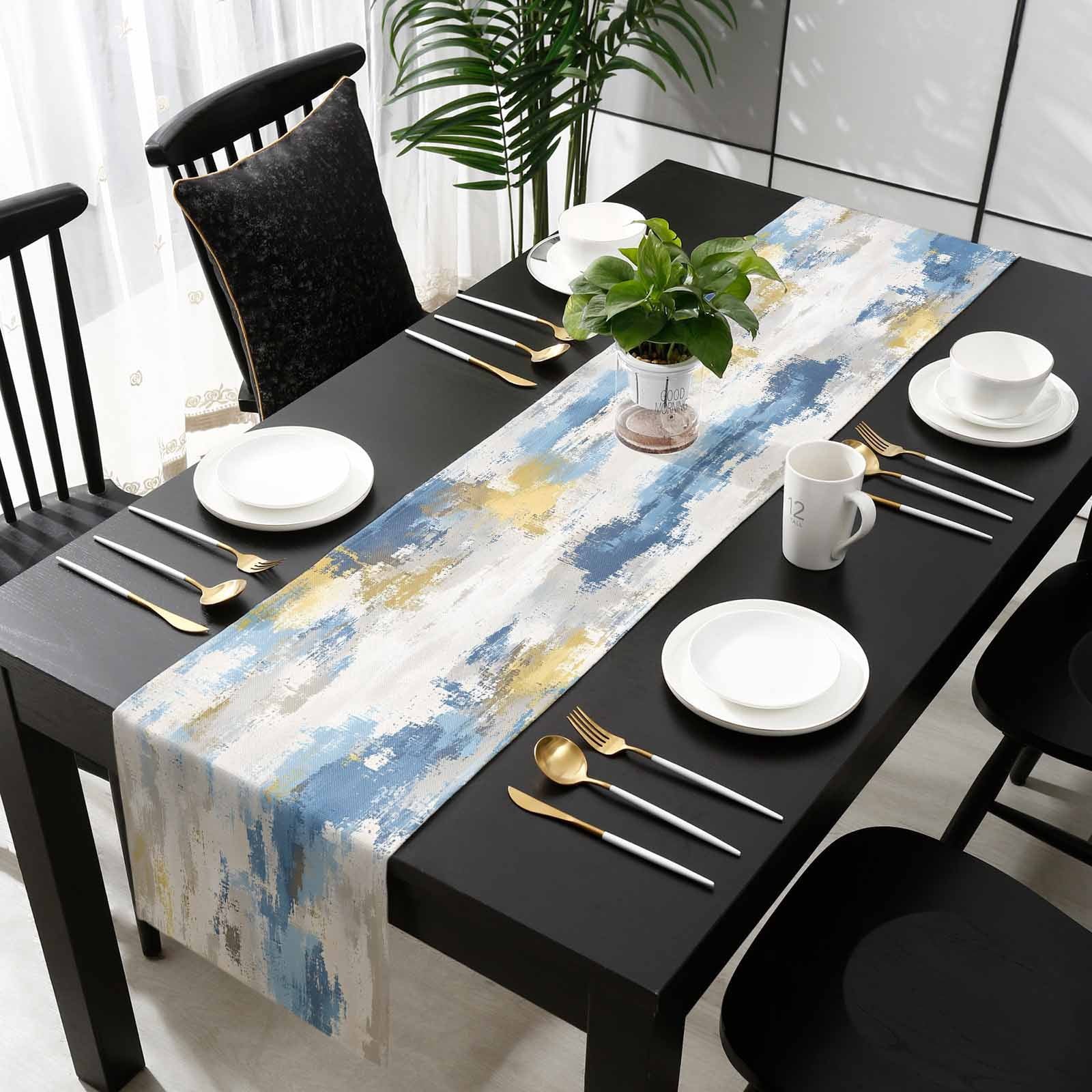 Blue Yellow Beige Table Runner 90 Inches Long - Retro Abstract Modern ...