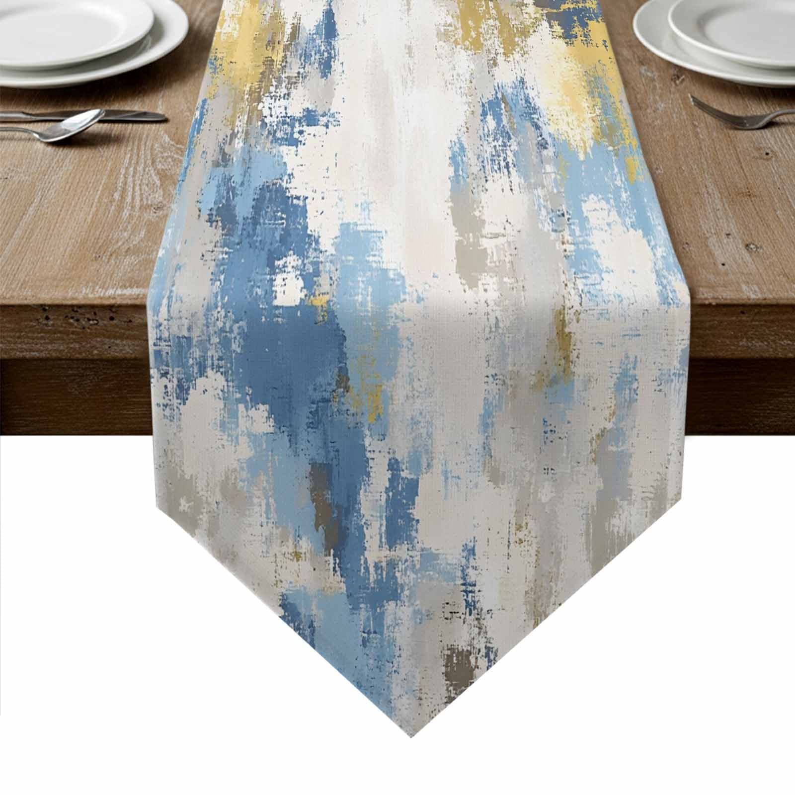 Blue Yellow Beige Table Runner Linen Burlap Table Runner 72 Inches Long ...