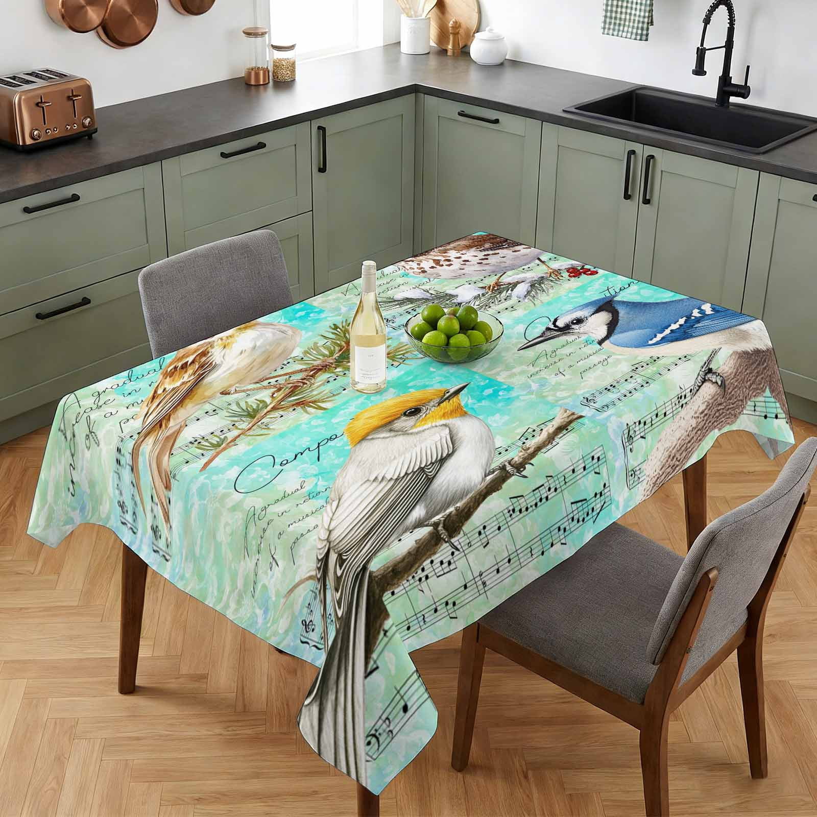 Blue Yellow Bird on Vintage Letter Table Cloth 52x70in, Waterproof ...