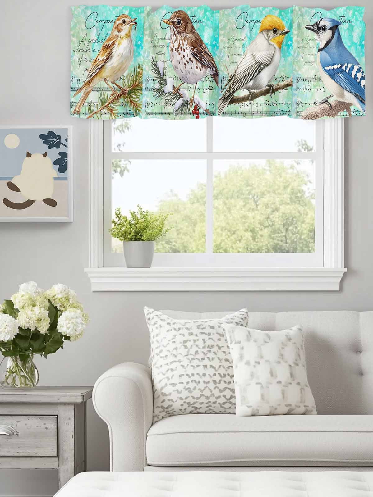 Blue Yellow Bird on Vintage Letter Valances for Windows,Rod Pocket ...