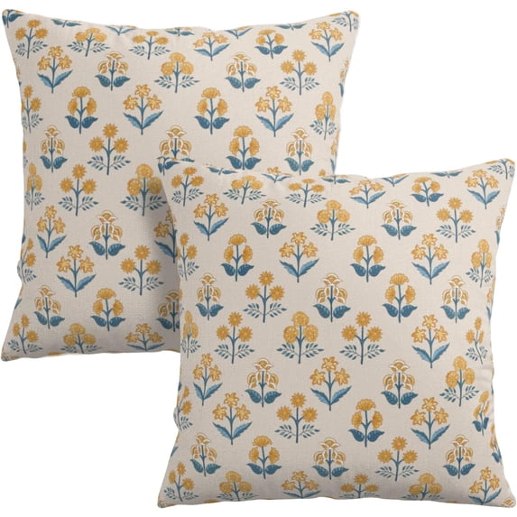 Blue Yellow Block Print Pillow Covers 18x18 Set of 2 Vintage Boho ...
