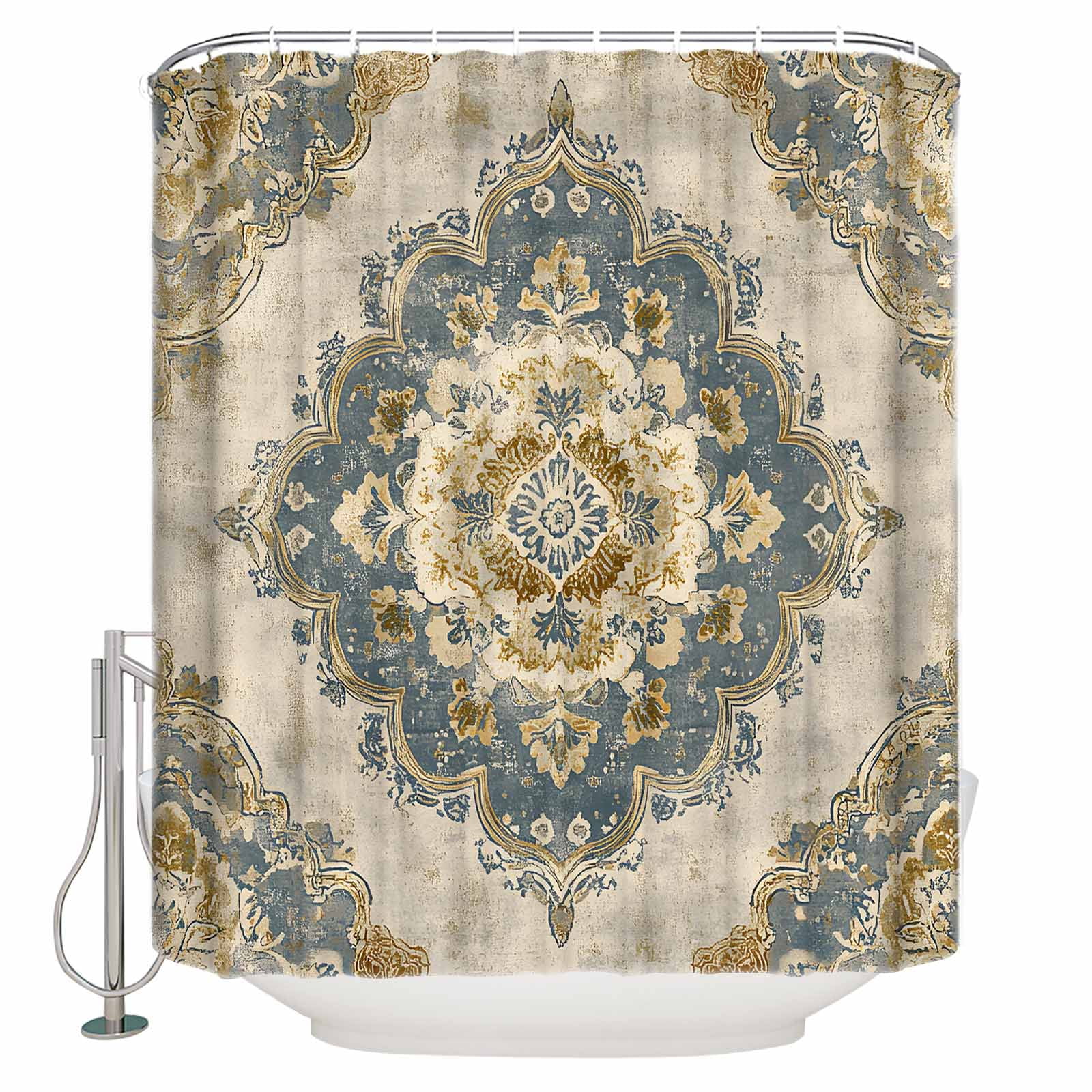 Blue Yellow Boho Bathroom Shower Curtains with 12 Hooks Polyester ...