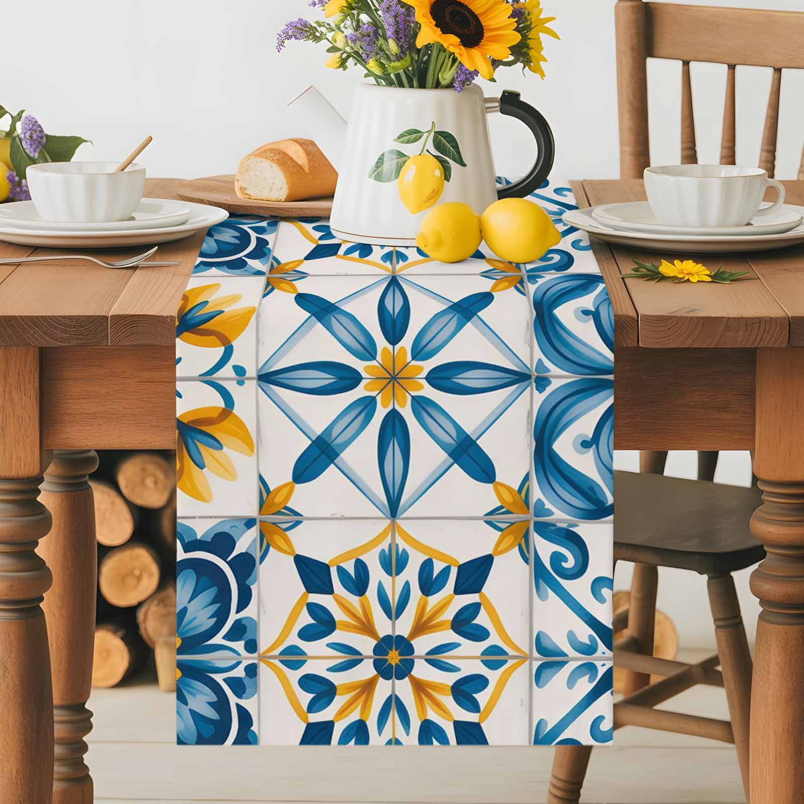 Blue Yellow Boho Table Runner 13x72 Inch Geometric Floral Traditional ...