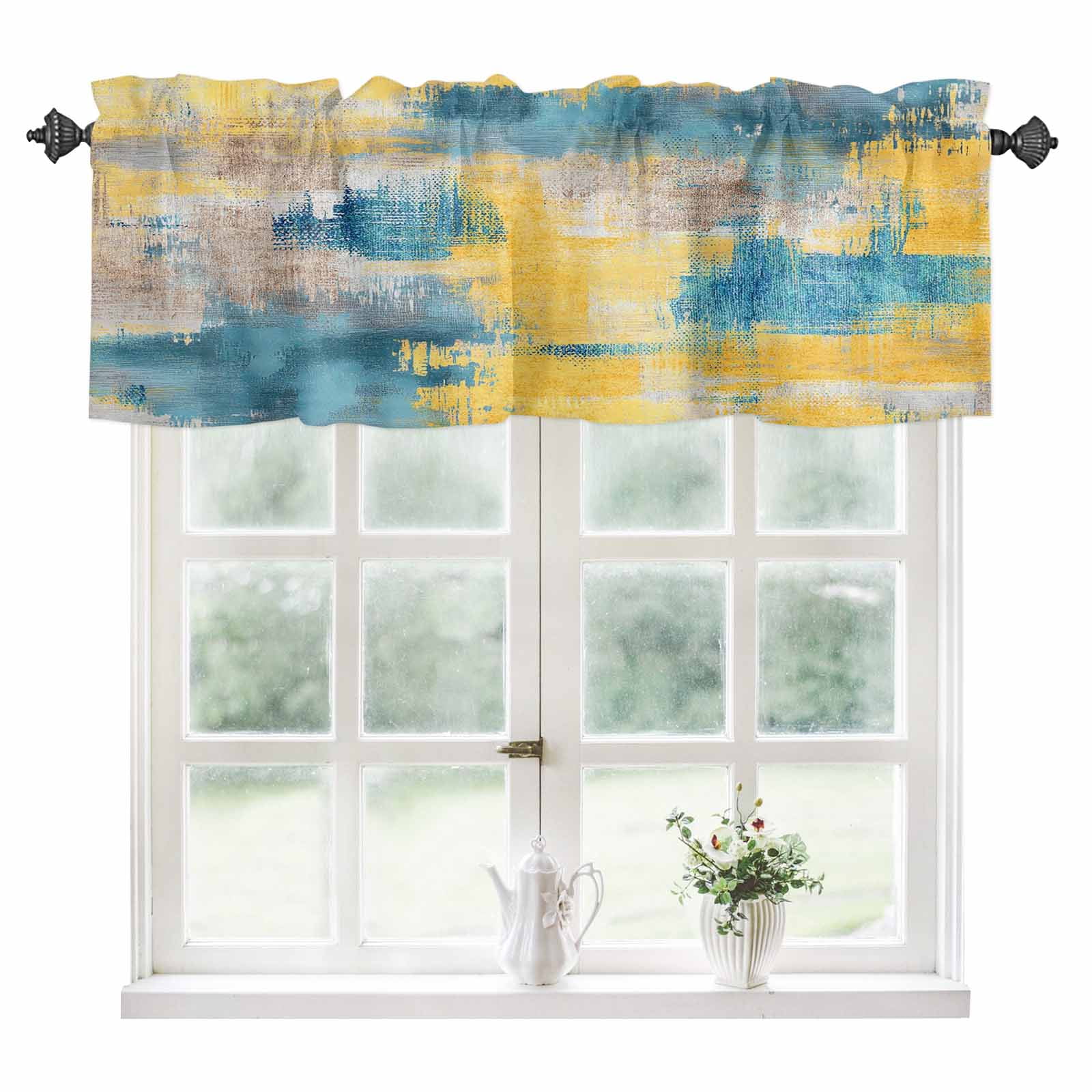 Blue Yellow Brown Kitchen Valances for Windows 54x18 Inch Kitchen ...