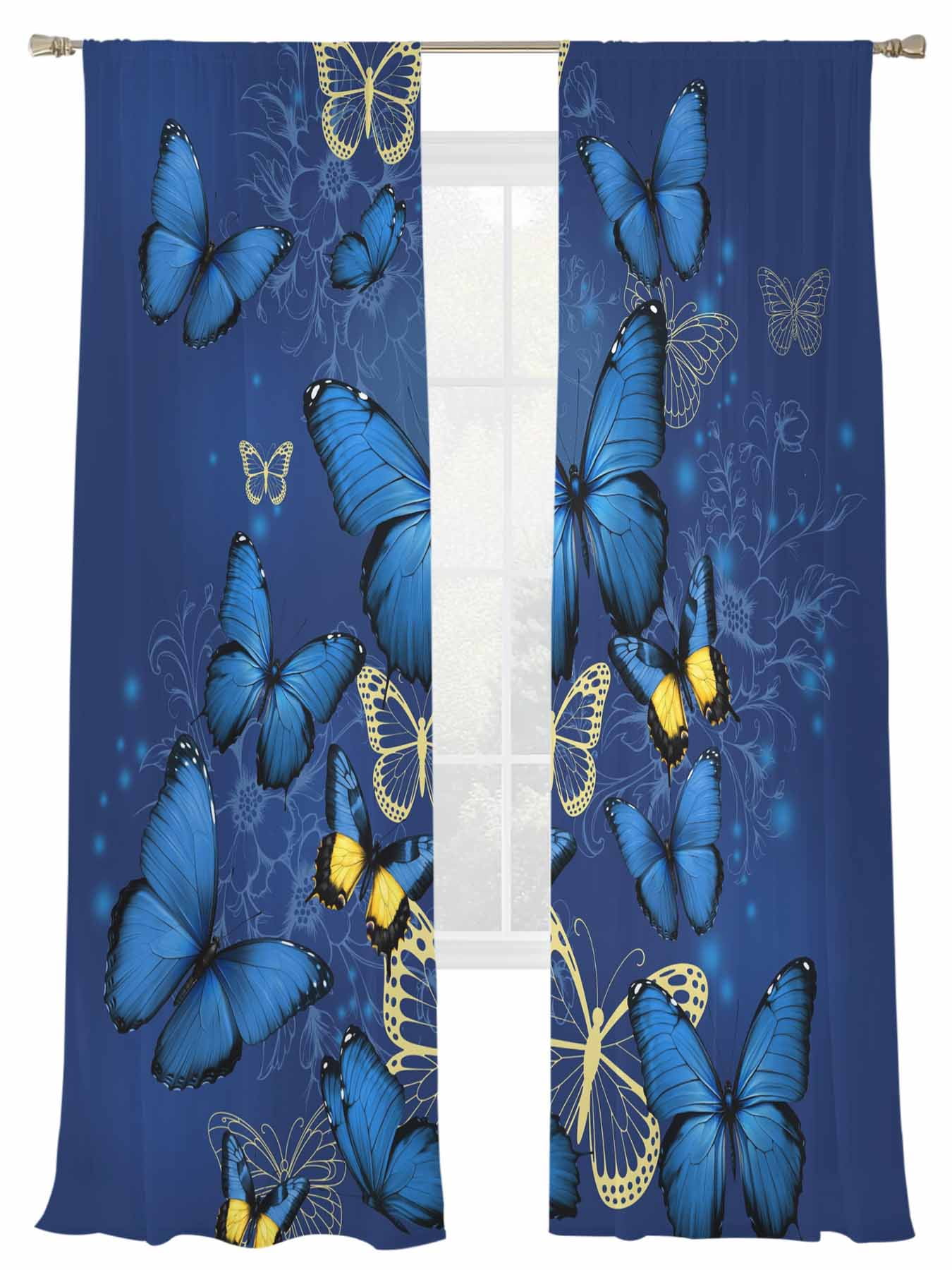 Blue and Yellow Butterfly Sheer Curtains 2 Panels Set Plants Floral Art ...