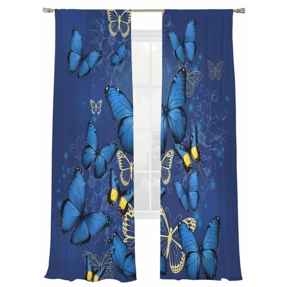 Blue and Yellow Butterfly Sheer Curtains 2 Panels Set Plants Floral Art ...