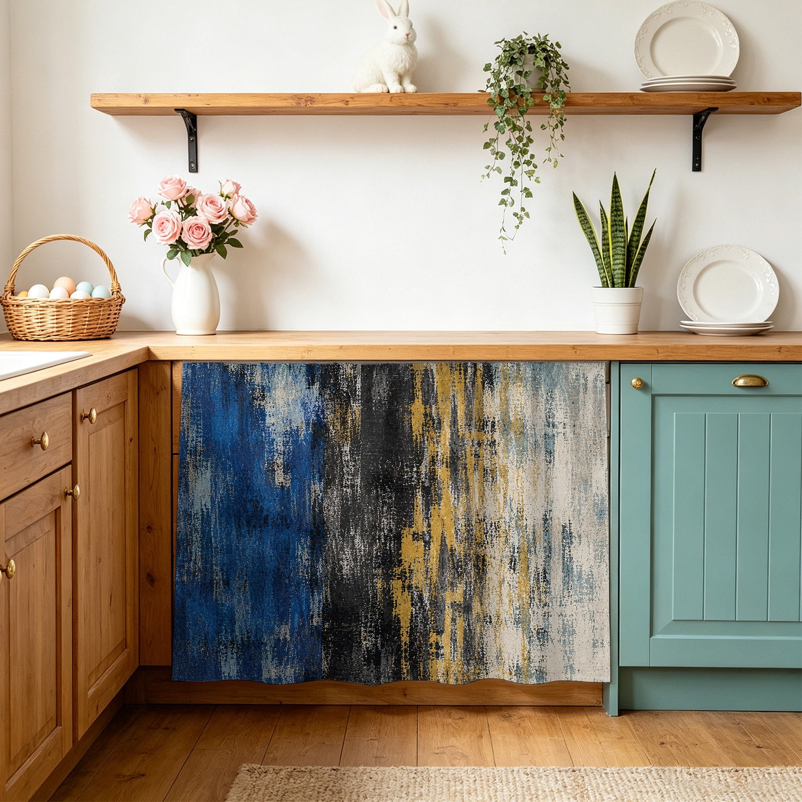 Blue Yellow Cabinet Curtains 11" W x 13" L, Abstract Indigo Blue Yellow ...