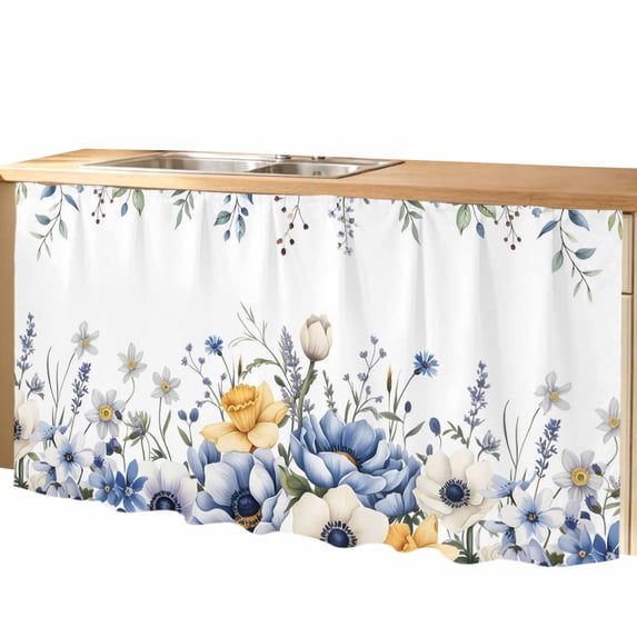 Blue Yellow Cabinet Curtains Flowers Eucalyptus Leaves Farmhouse ...