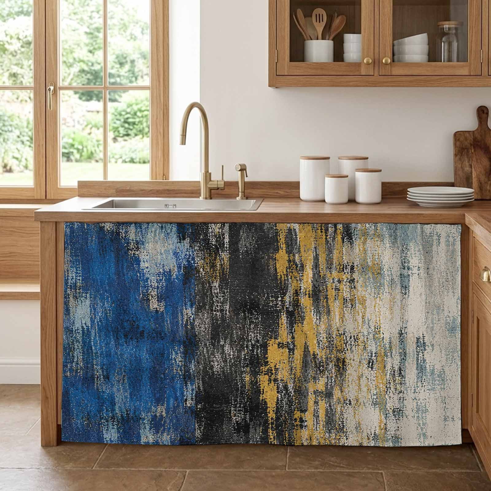 Blue Yellow Cabinet Curtains for Kitchen 32"Wx55"L, Abstract Indigo ...