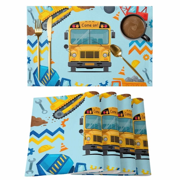 Blue Yellow Cartoon Truck Placemats Set of 6 Cute Engineering Vehicle ...