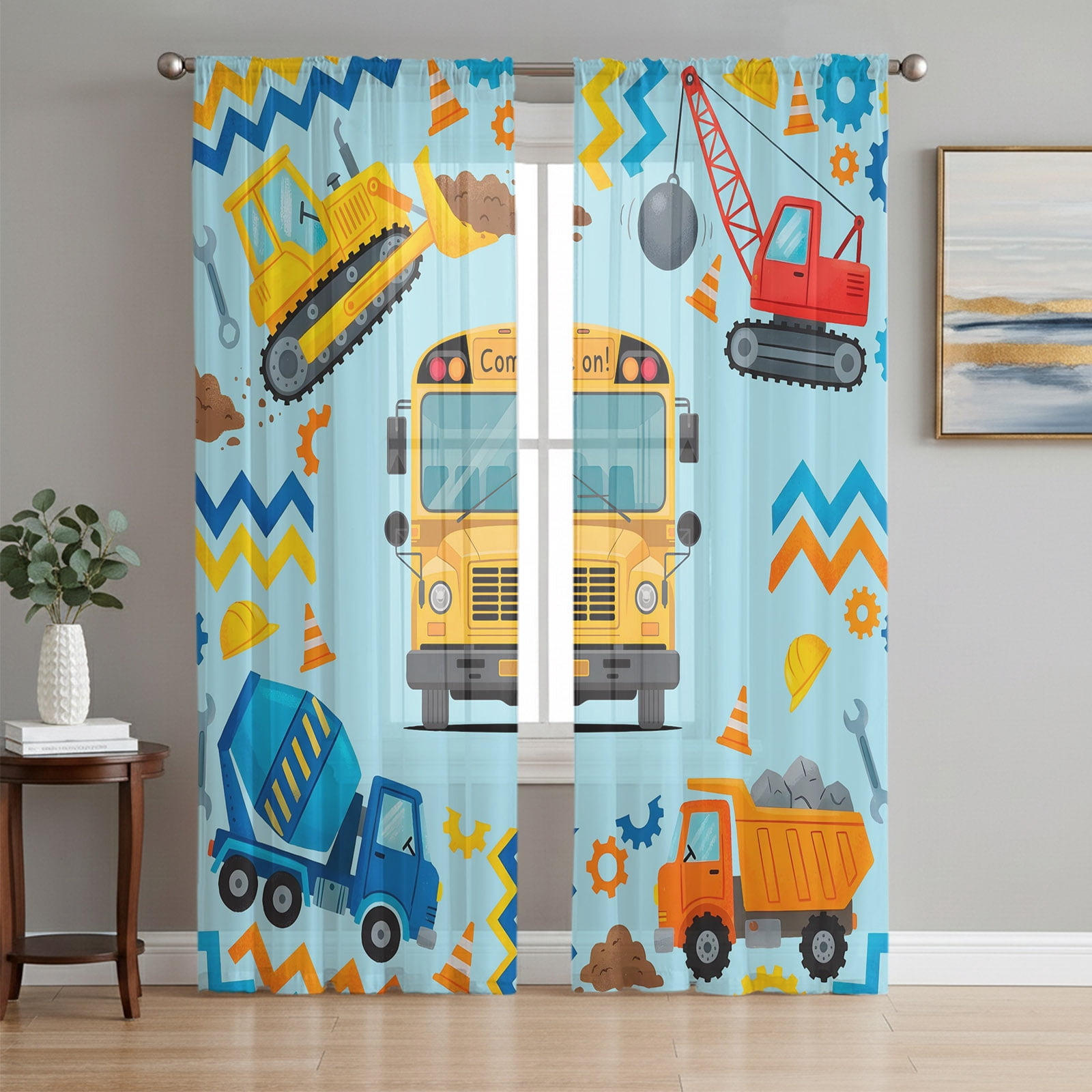 Blue Yellow Cartoon Truck Sheer Curtains for Living Room Bedroom Cute ...