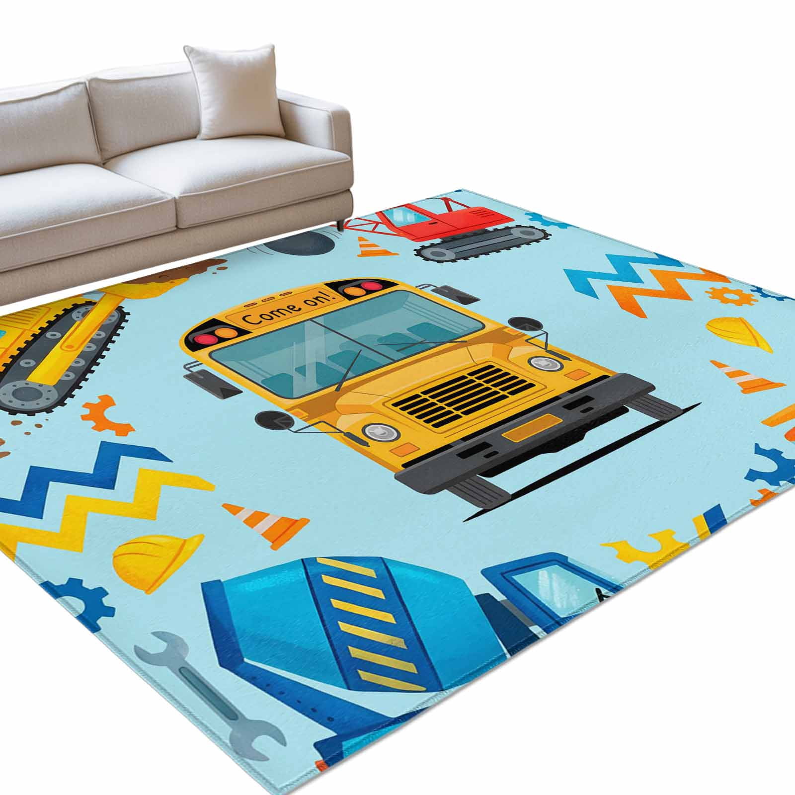 Blue Yellow Cartoon Truck Washable Rug 2.7x5 Area Rug for Living Room ...