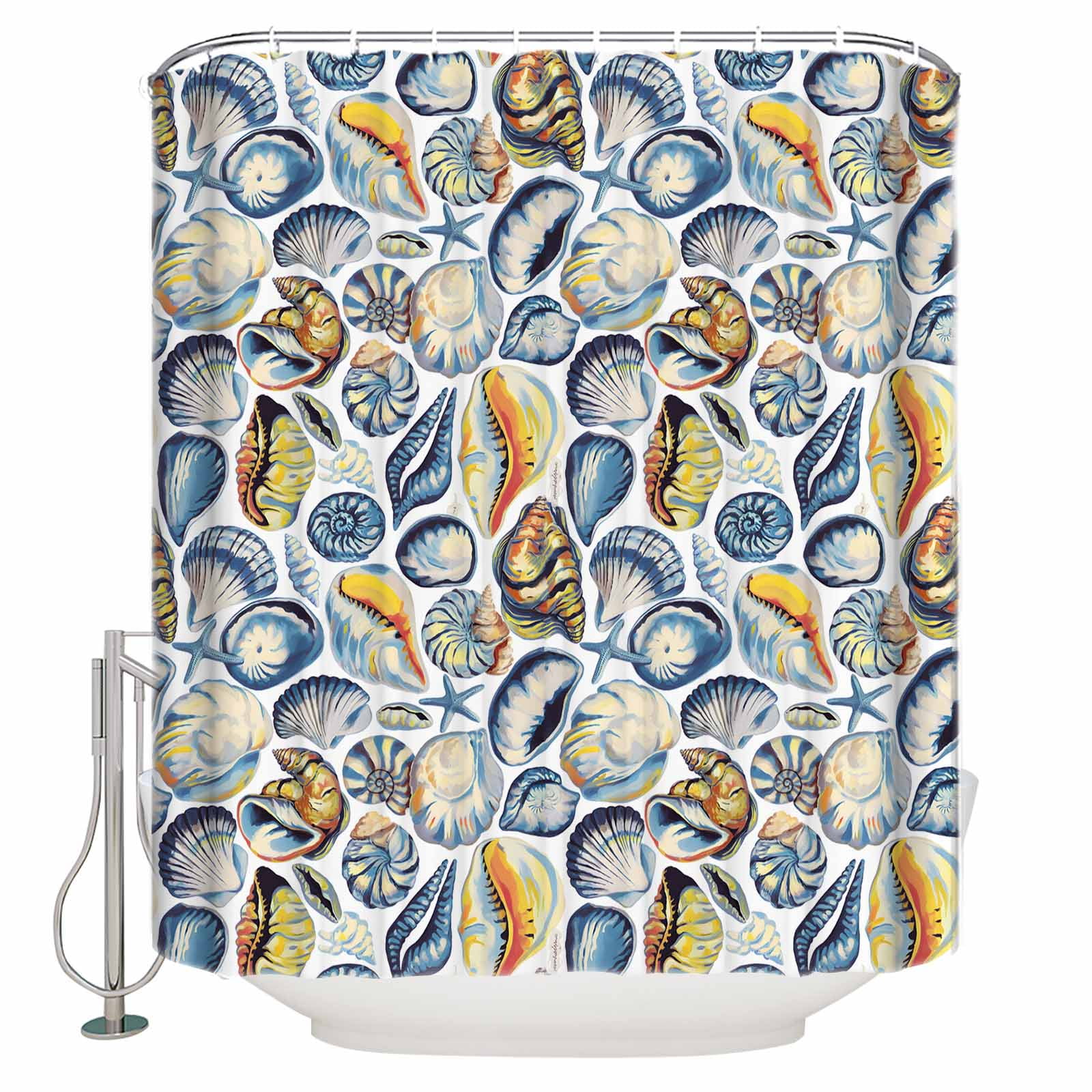 Blue Yellow Coastal Bathroom Shower Curtains with 12 Hooks Polyester ...