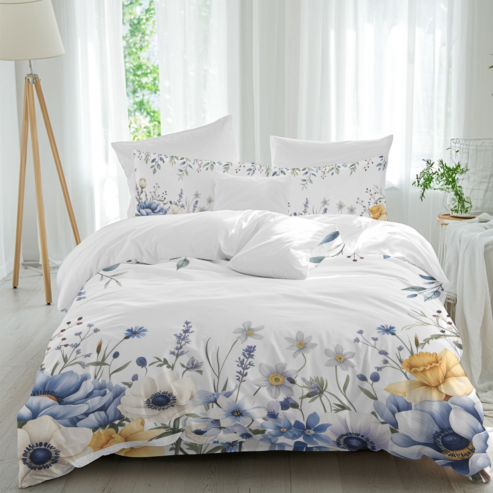 Blue Yellow Comforter Set Full Size, Flowers Eucalyptus Leaves ...