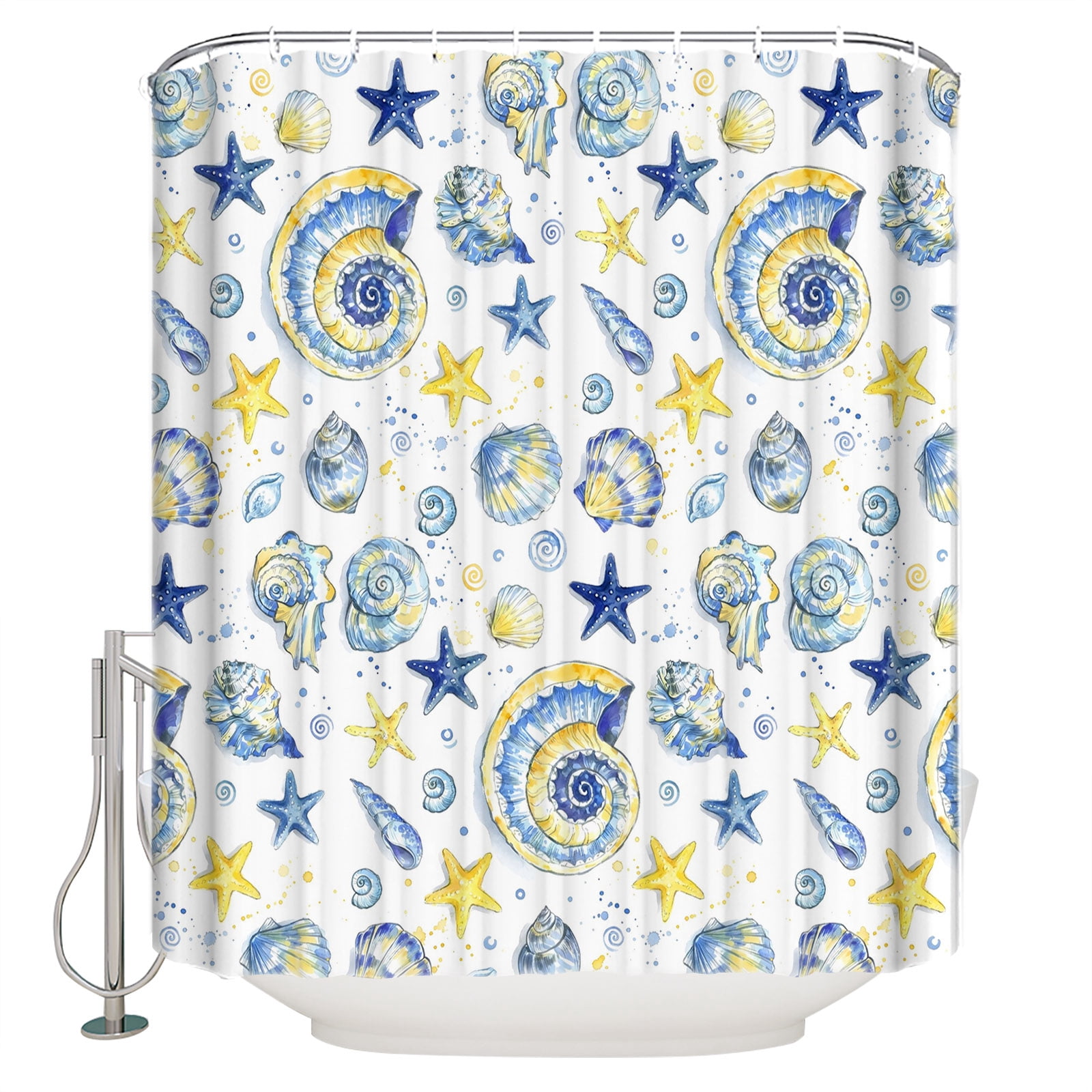 Blue Yellow Conch Bathroom Shower Curtains with 12 Hooks Waterproof ...
