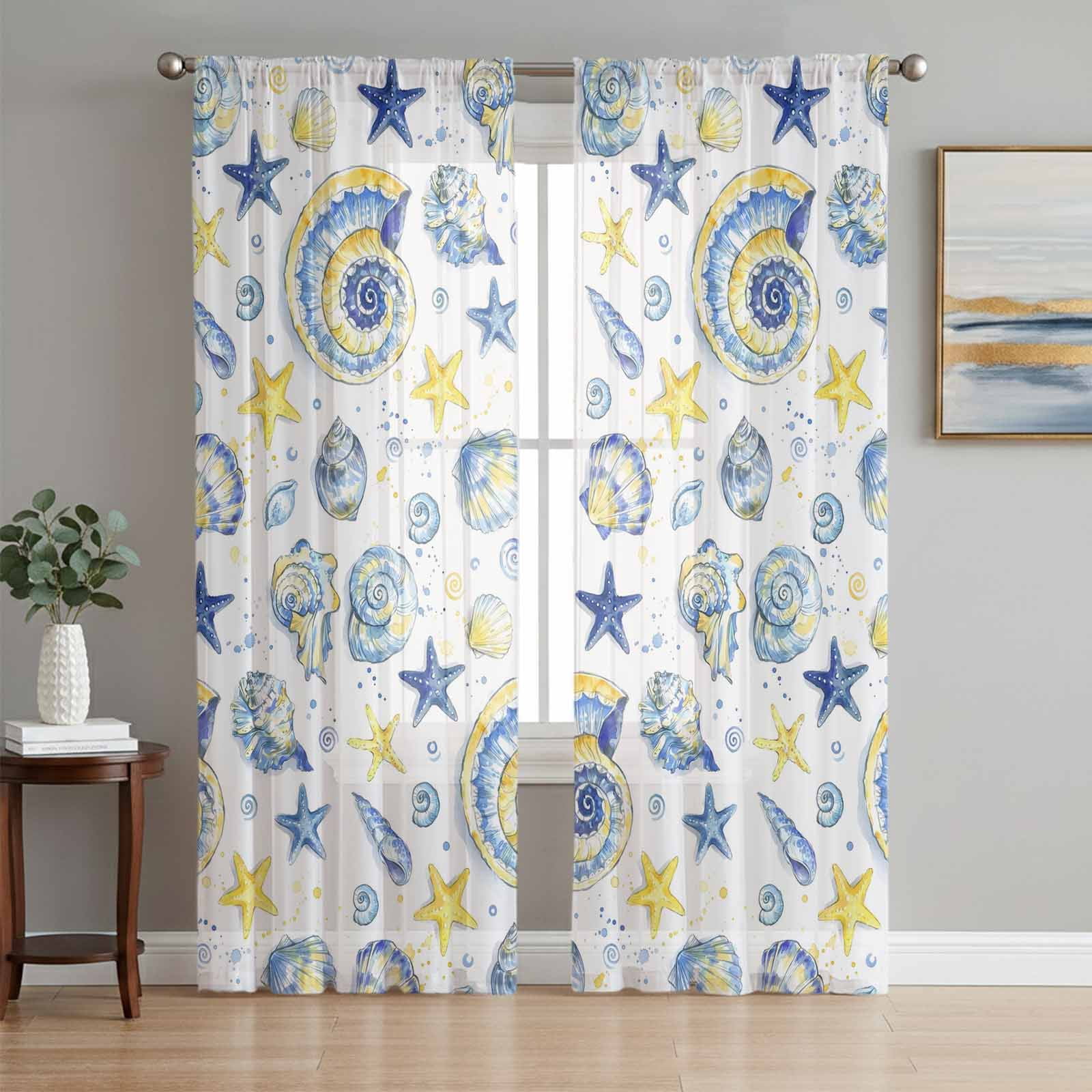 Blue Yellow Conch Sheer Curtains for Living Room Bedroom Summer Ocean ...