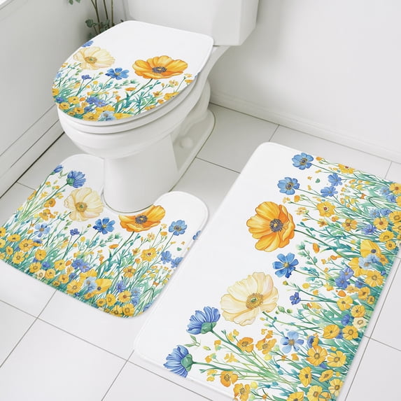 Blue Yellow Cosmos Bathroom Rugs Set Watercolor Flowers Non Slip ...