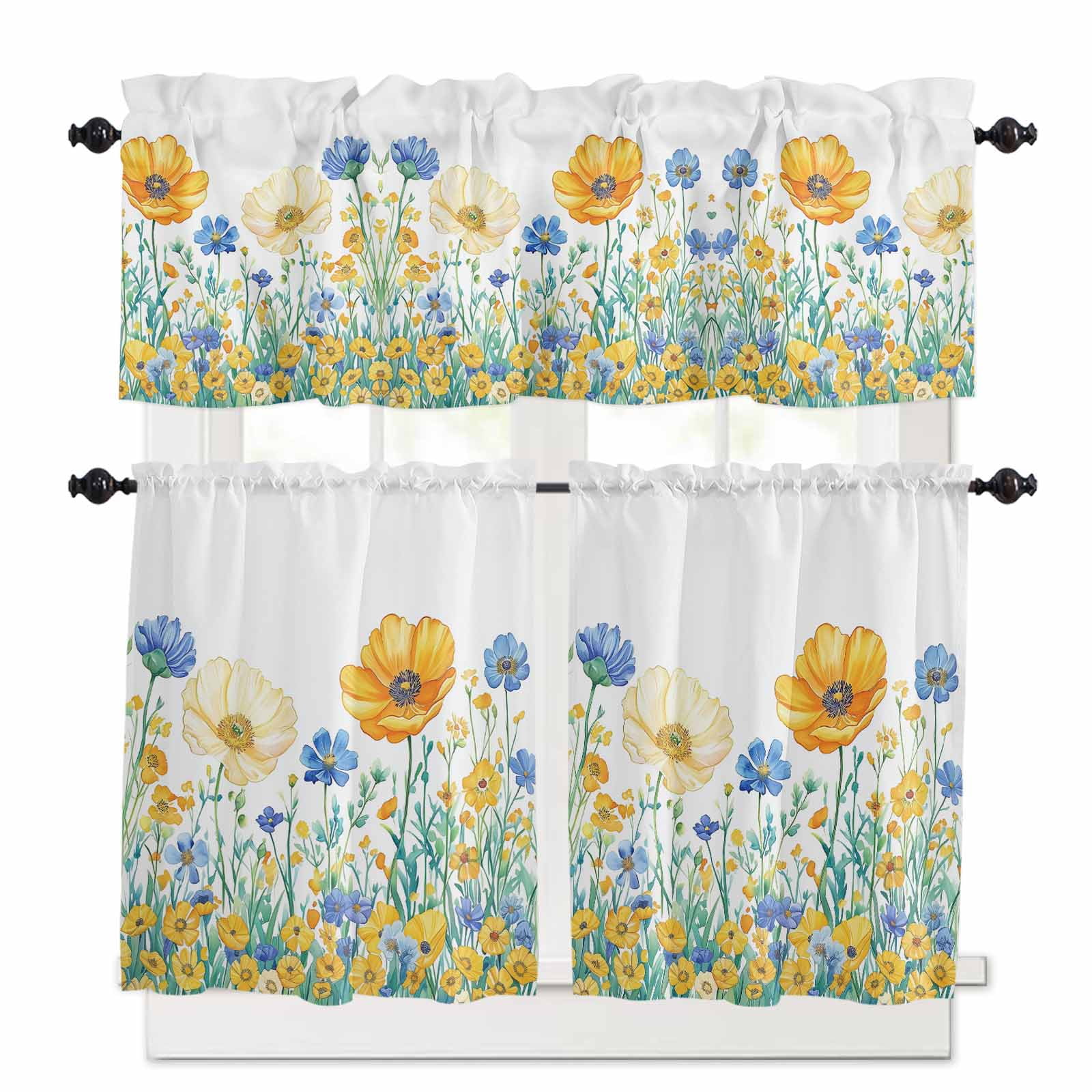 Blue Yellow Cosmos Kitchen Curtains Valances and Tiers Set of 3 ...