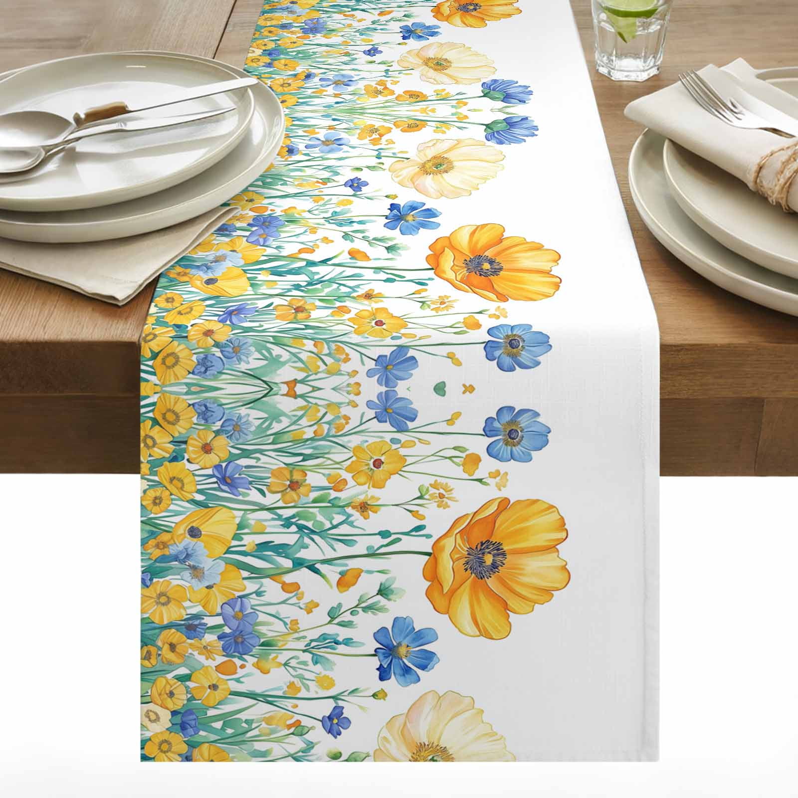 Blue Yellow Cosmos Table Runner 13x36 inch Watercolor Flowers Cotton ...