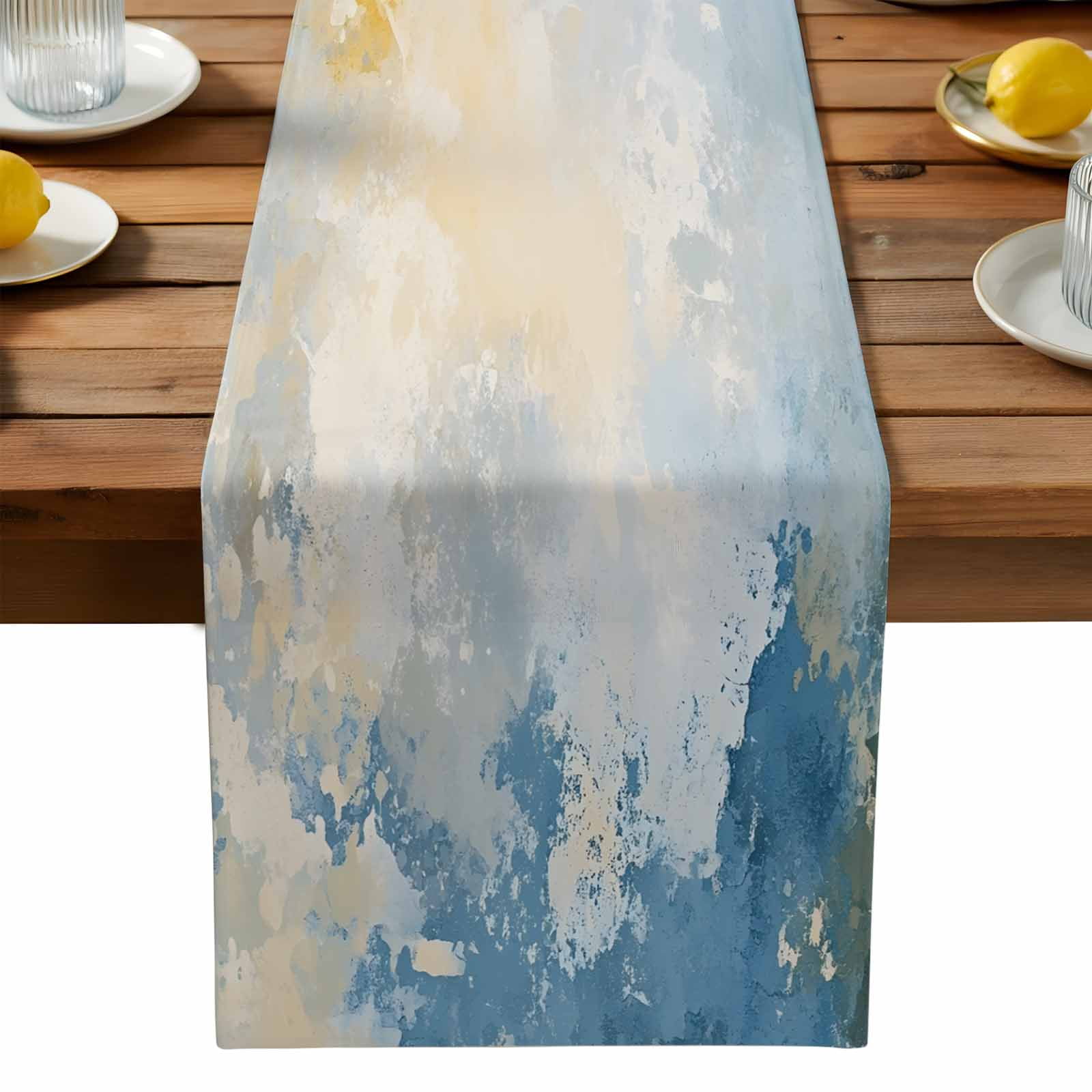 Blue Yellow Cotton Linen Table Runner for Dining Kitchen, Modern ...