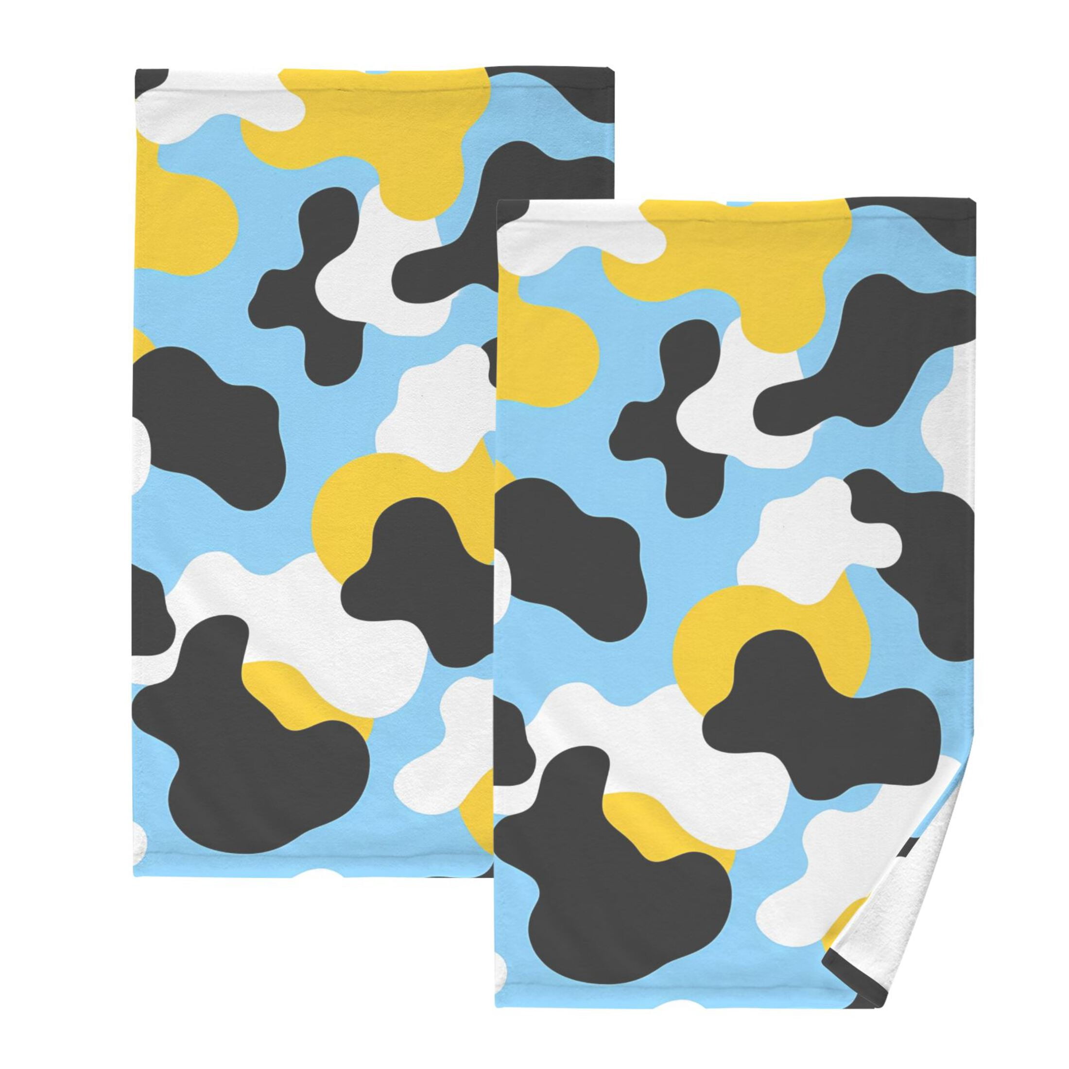 Blue Yellow Cow Pattern Cotton Towel Set Face Hand Towels 2 Pack Soft ...