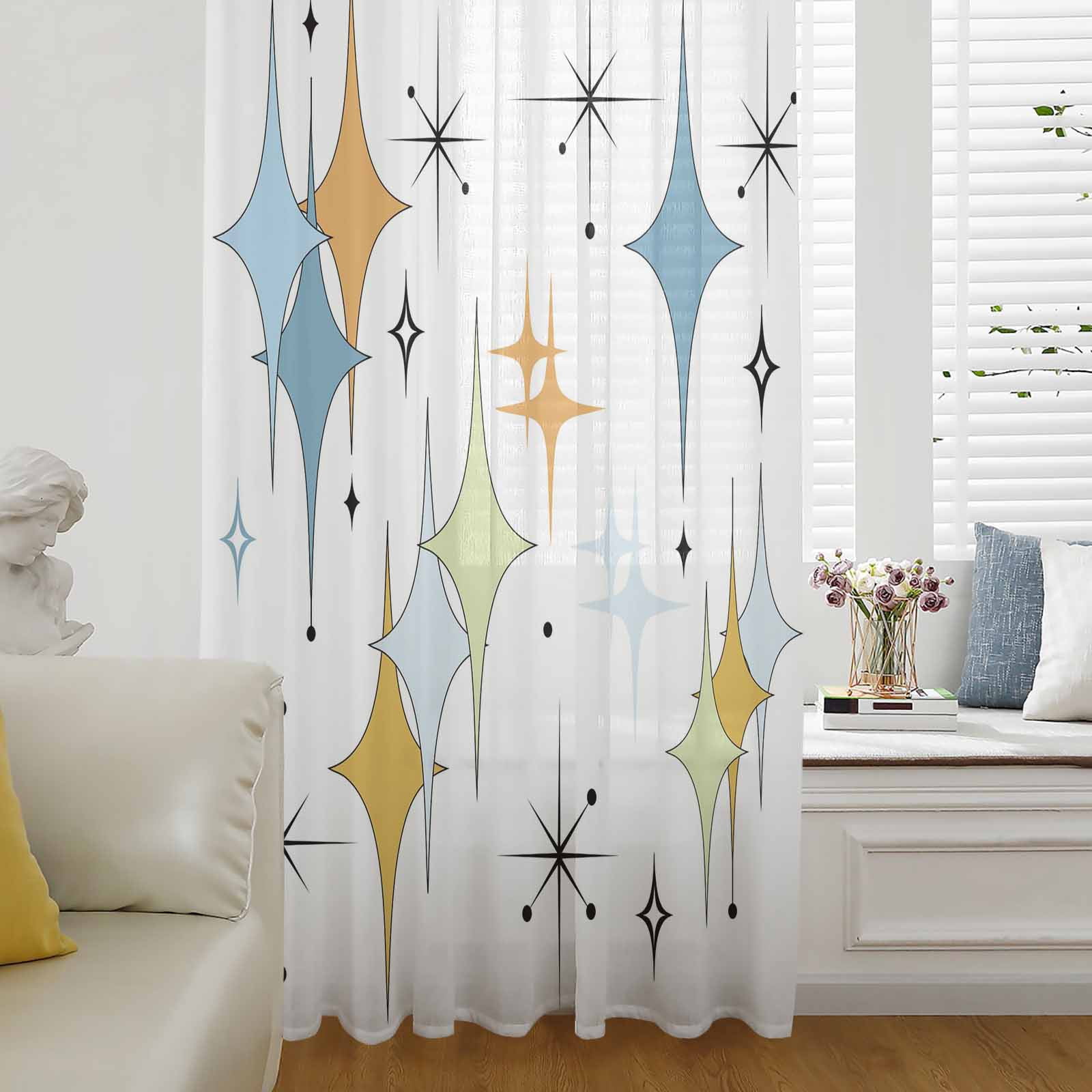 Blue Yellow Diamond Sheer Curtains 96 Inches Long for Living Room ...