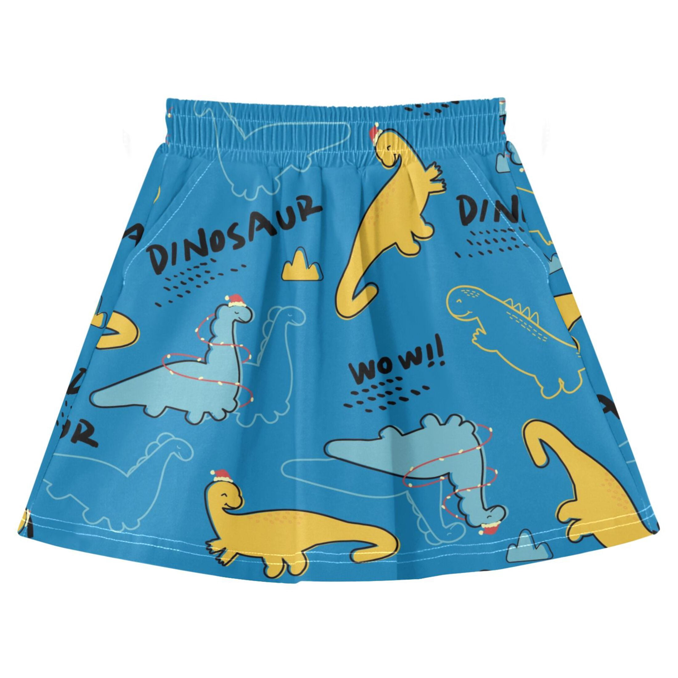 Blue Yellow Dinosaur Pattern Cotton Skirt Built-in Liner Elastic A-Line ...