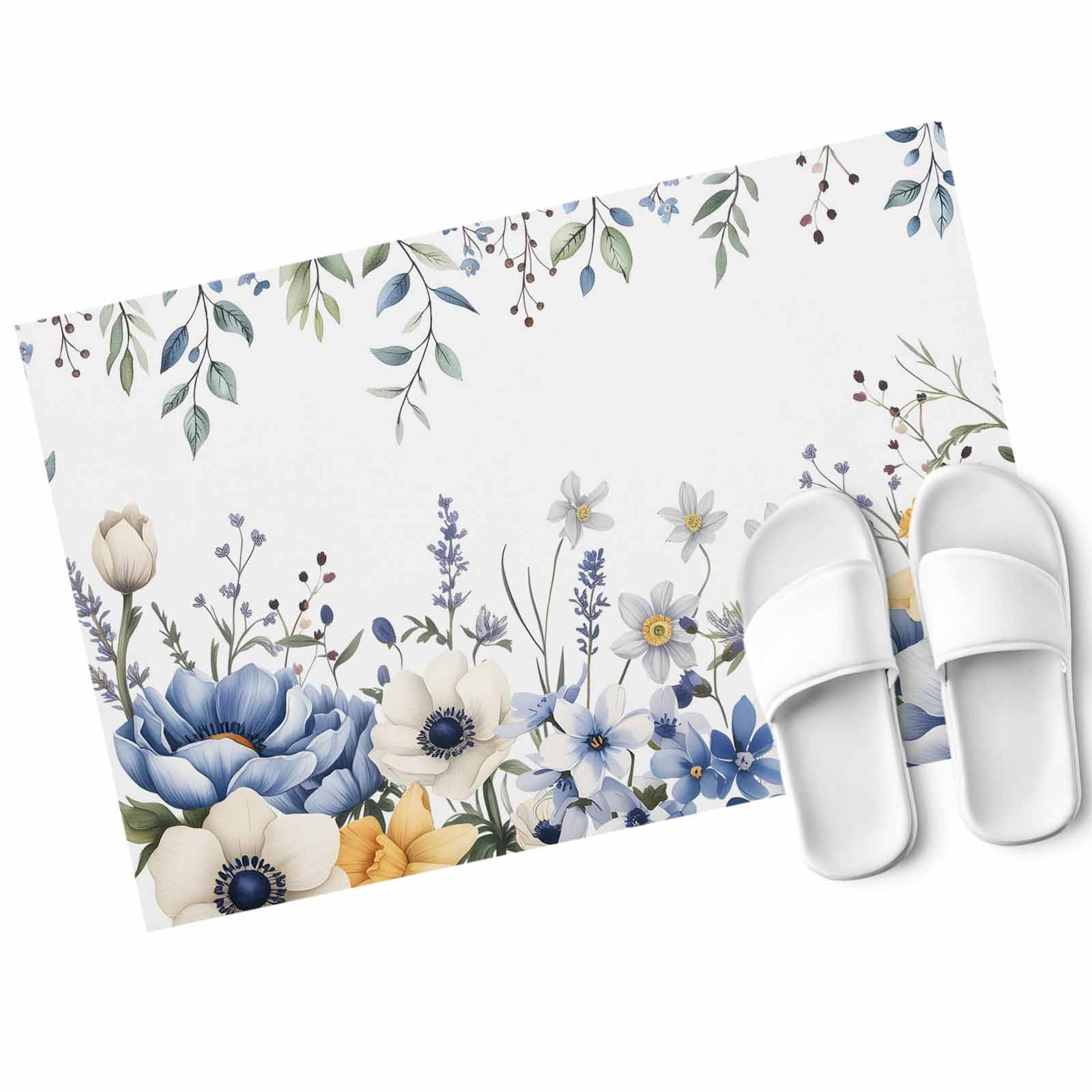 Blue Yellow Door Mat Flowers Eucalyptus Leaves Farmhouse Botanical Non ...