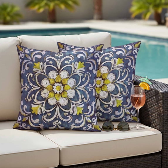 Blue Yellow Ethnic Floral Outdoor Pillow Covers 24x24 Inch Throw Pillow ...