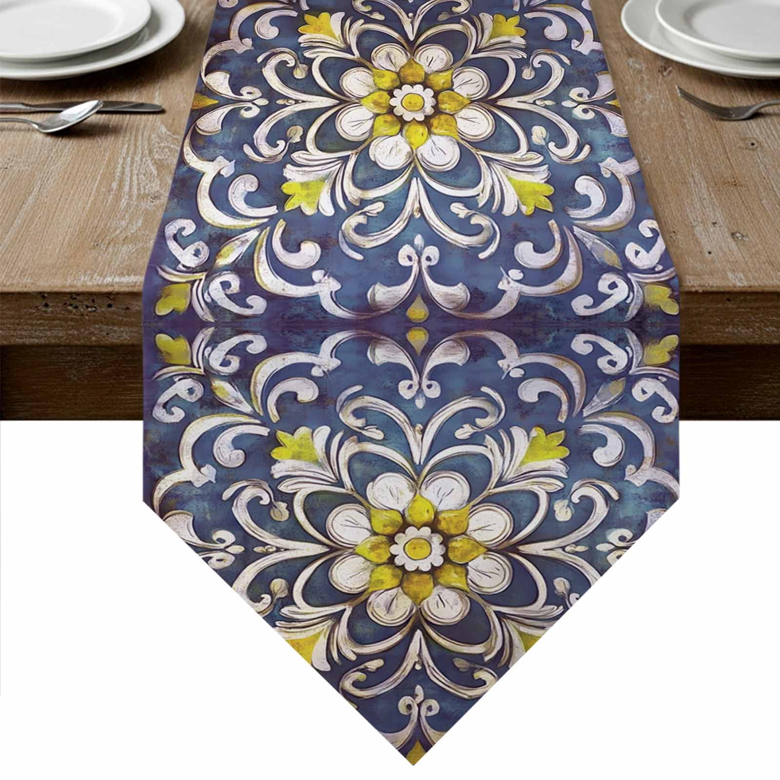 Blue Yellow Ethnic Floral Table Runner Linen Burlap Table Runner 120 ...
