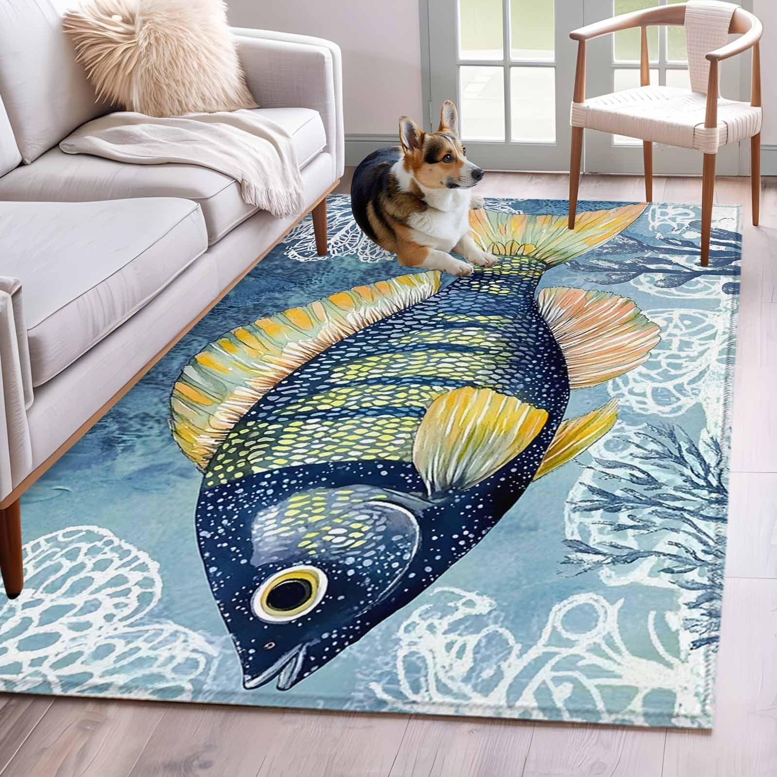 Blue Yellow Fish Area Rug 3x5 Washable Rug Non Slip Summer Ocean ...