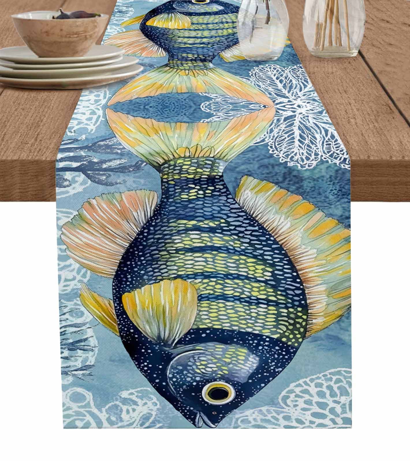 Blue Yellow Fish Burlap Cotton Table Runner 13x120 Inches Long, Summer ...