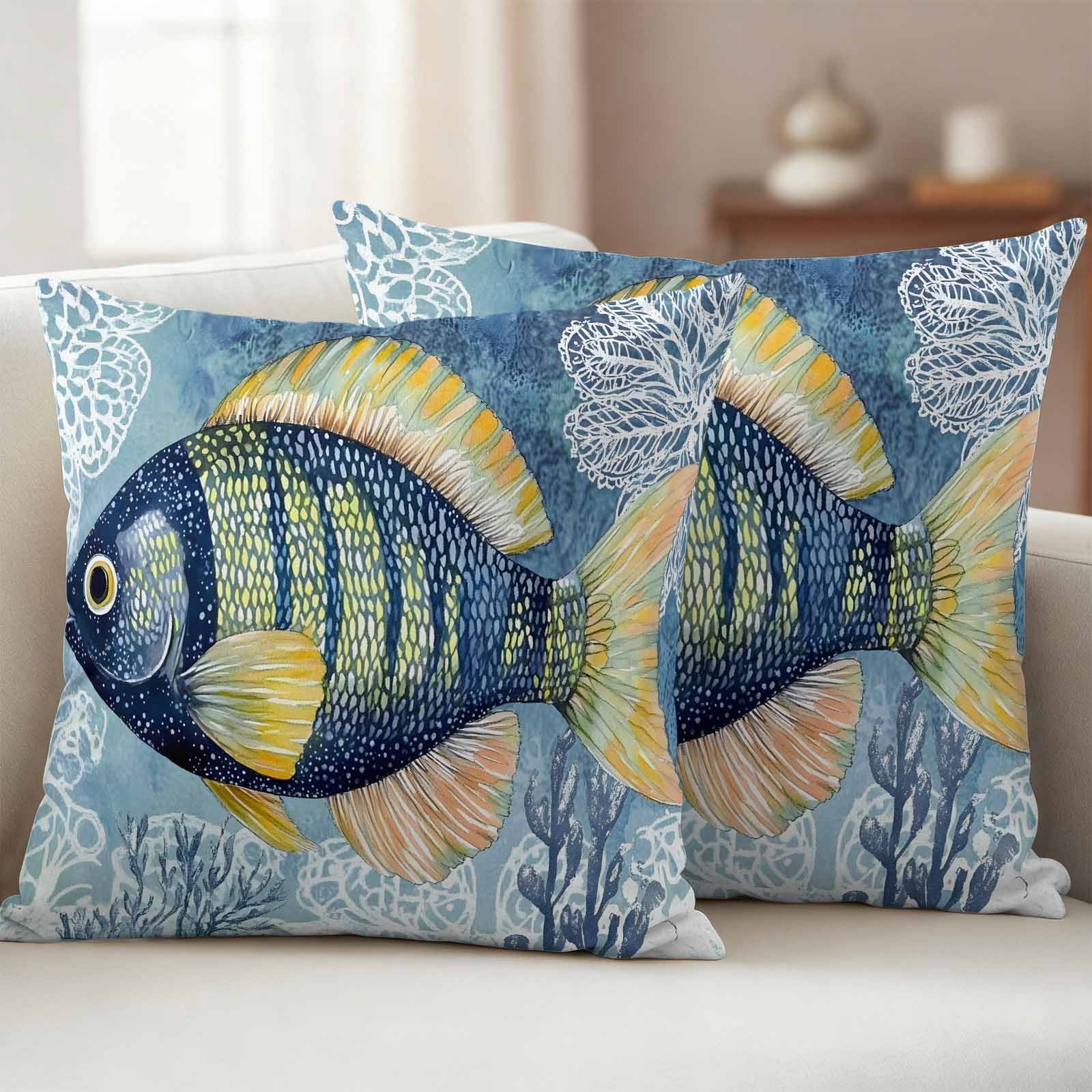 Blue Yellow Fish Outdoor Waterproof Throw Pillow Covers 24x24 Set of 2 ...