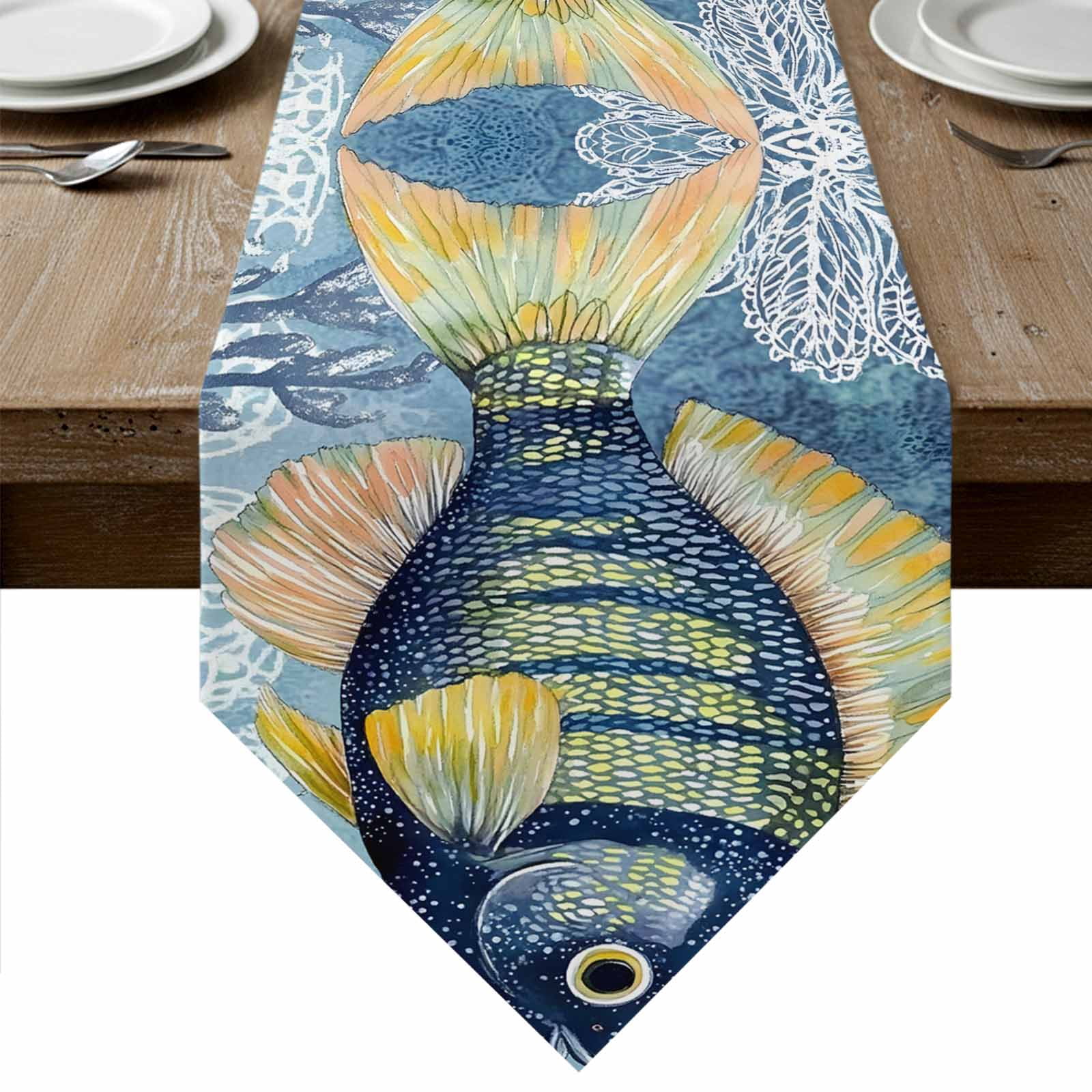 Blue Yellow Fish Table Runner Linen Burlap Table Runner 72 Inches Long ...