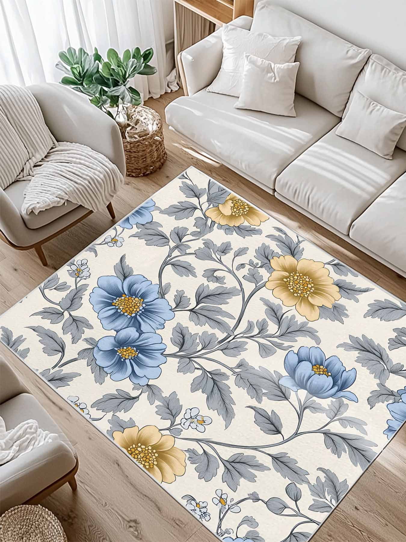 Blue Yellow Floral Area Rug for Bedroom 4x6 Ft Vintage Plant Abstract ...