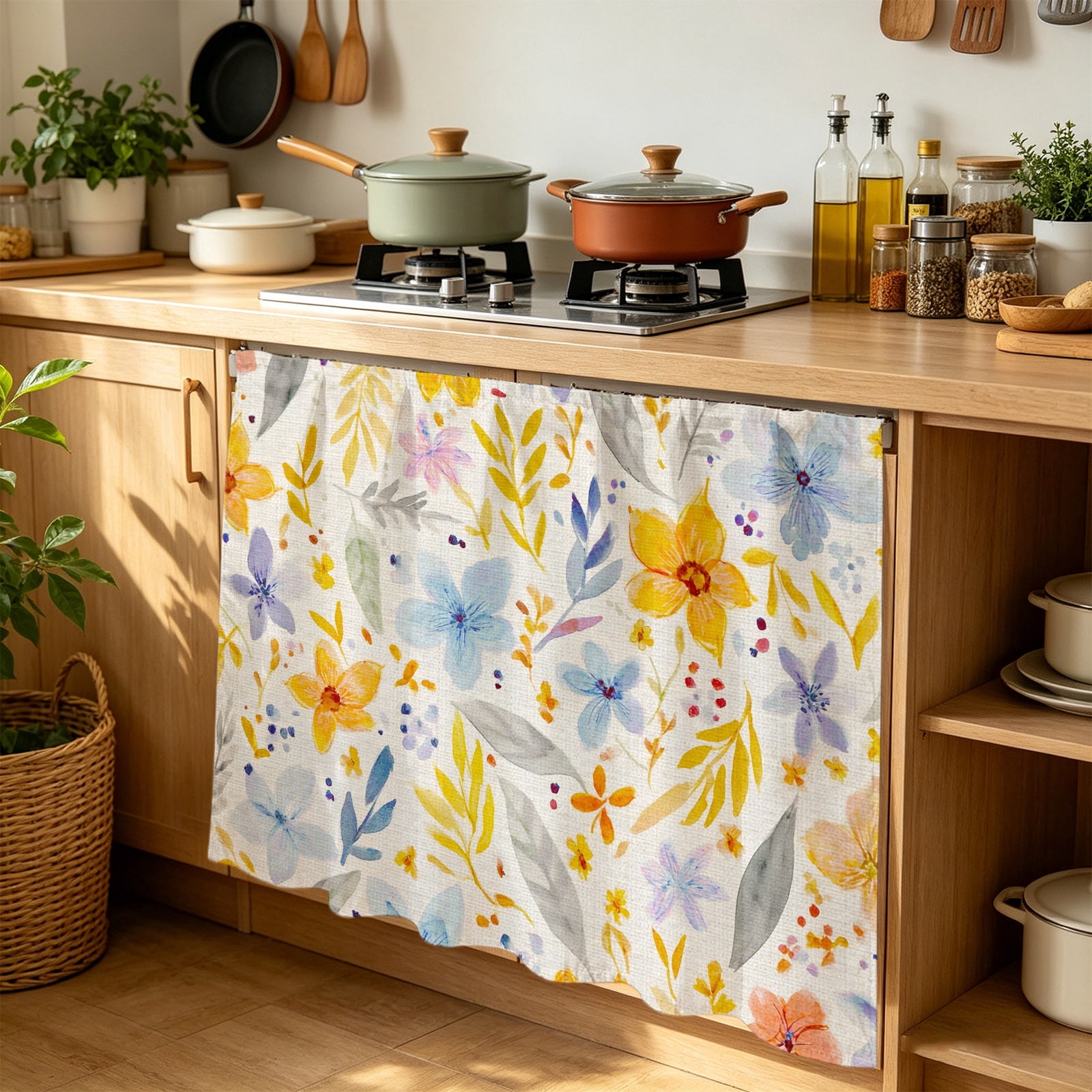 Blue Yellow Floral Cabinet Curtains for Kitchen 35"W x 35"L, Boho ...