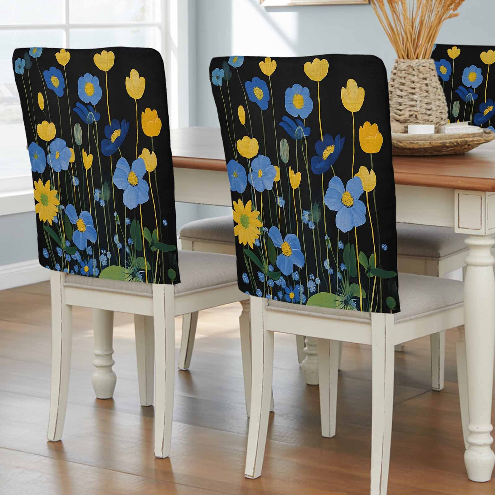 Blue Yellow Floral Chair Back Covers, Spring Summer Pastoral Plant Leaf ...