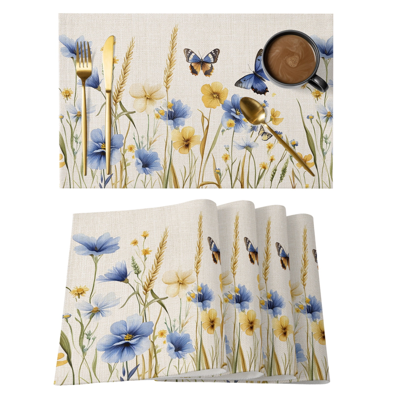 Blue Yellow Floral Cotton Linen Placemats Set of 8, Butterfly ...