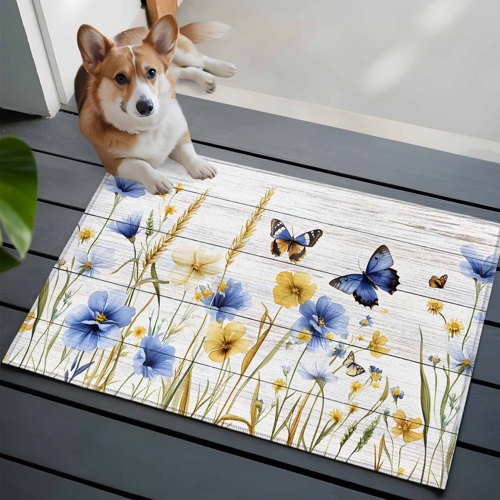 Blue Yellow Floral Front Door Rugs 2x3 ft Butterfly Watercolor Plants ...