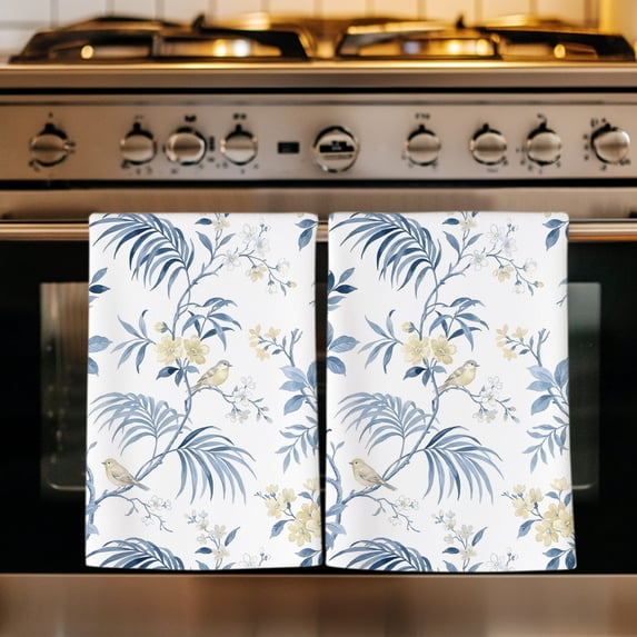 Blue Yellow Floral Kitchen Towels Set of 3, Spring Birds Garden ...