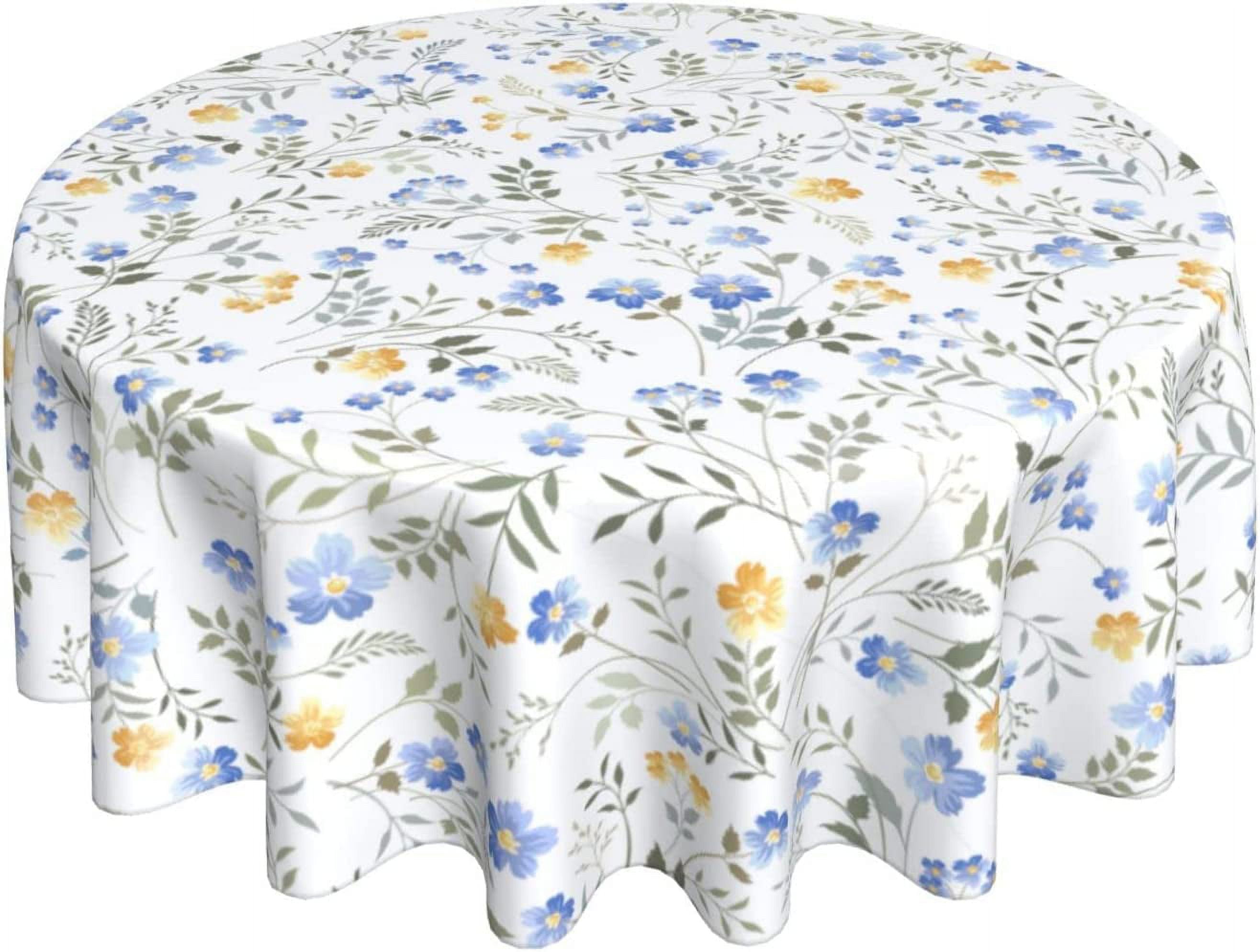 Blue Yellow Floral Leaf Round Tablecloth 60 Inch Summer Spring ...