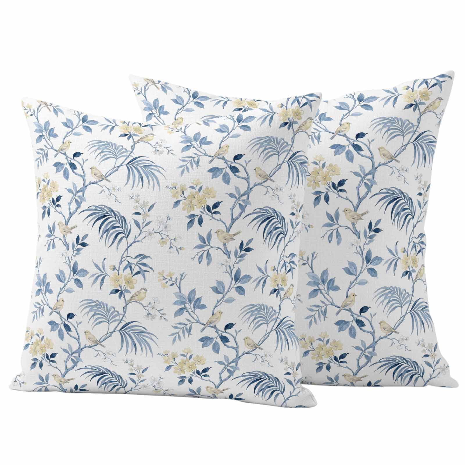 Blue Yellow Floral Outdoor Waterproof Pillow Covers, Spring Birds ...