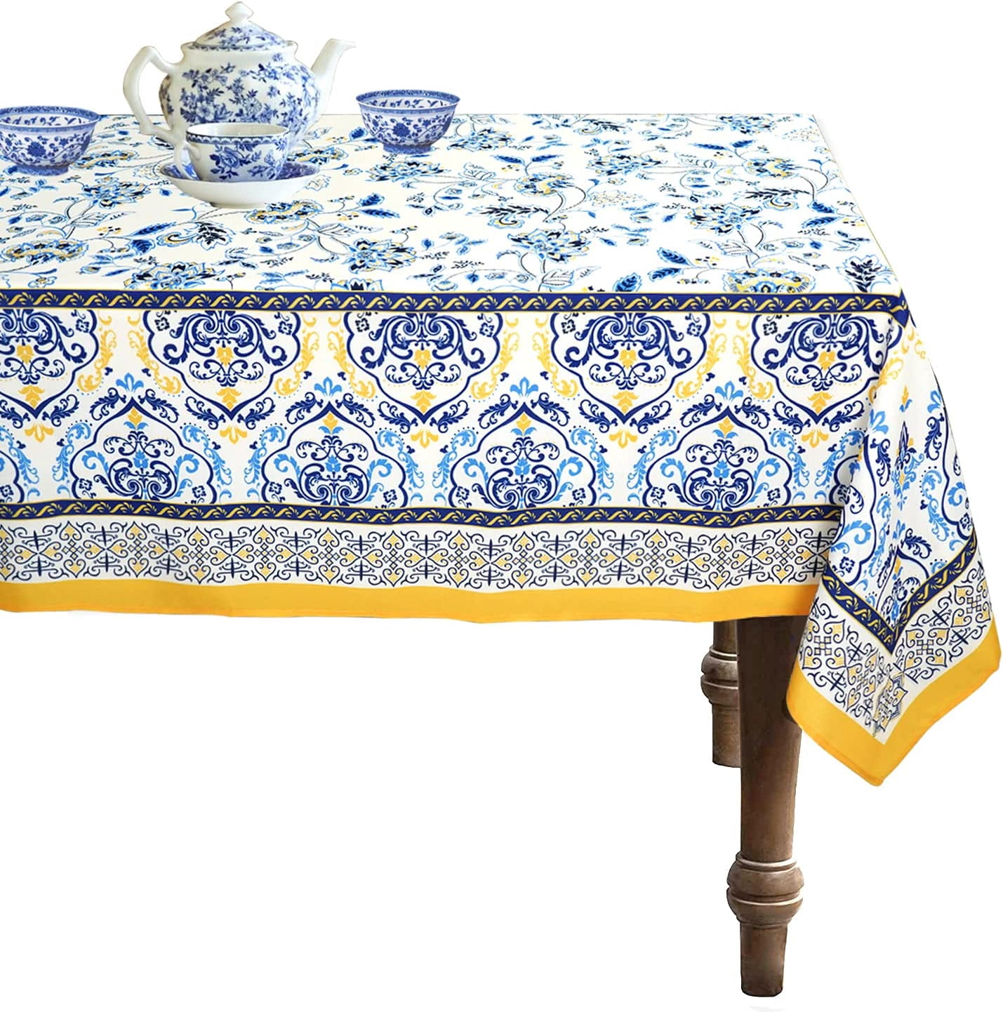 Blue Yellow Floral Pattern Table Cloth, French Country Tablecover for ...