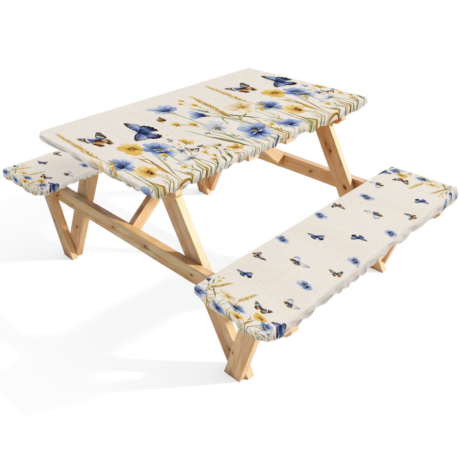 Blue Yellow Floral Picnic Table Cover with Bench Covers Butterfly ...