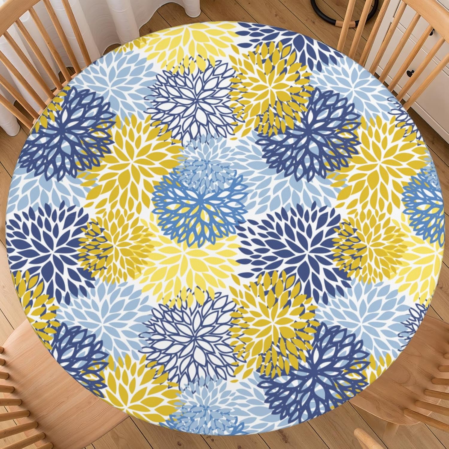 Blue Yellow Floral Round Fitted Tablecloth Best for 40"-44" Dahlia Flowers Table Cover Elastic ...