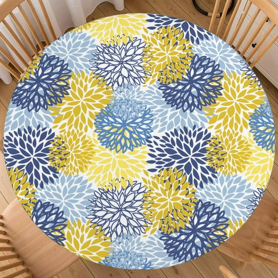 Blue Yellow Floral Round Fitted Tablecloth Best for 48"-52" Dahlia ...