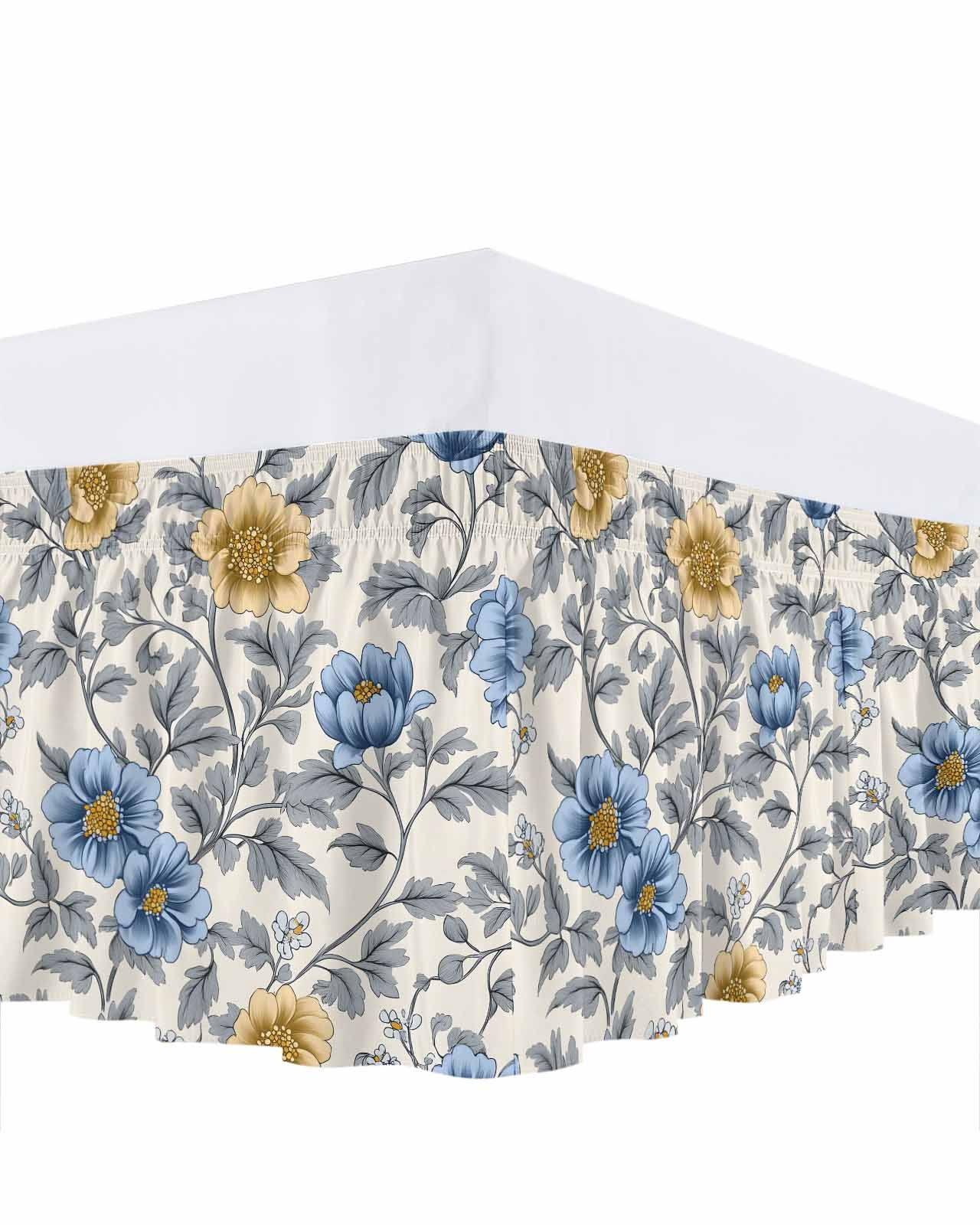 Blue Yellow Floral Ruffle Bed Skirt California King Size Vintage Plant ...