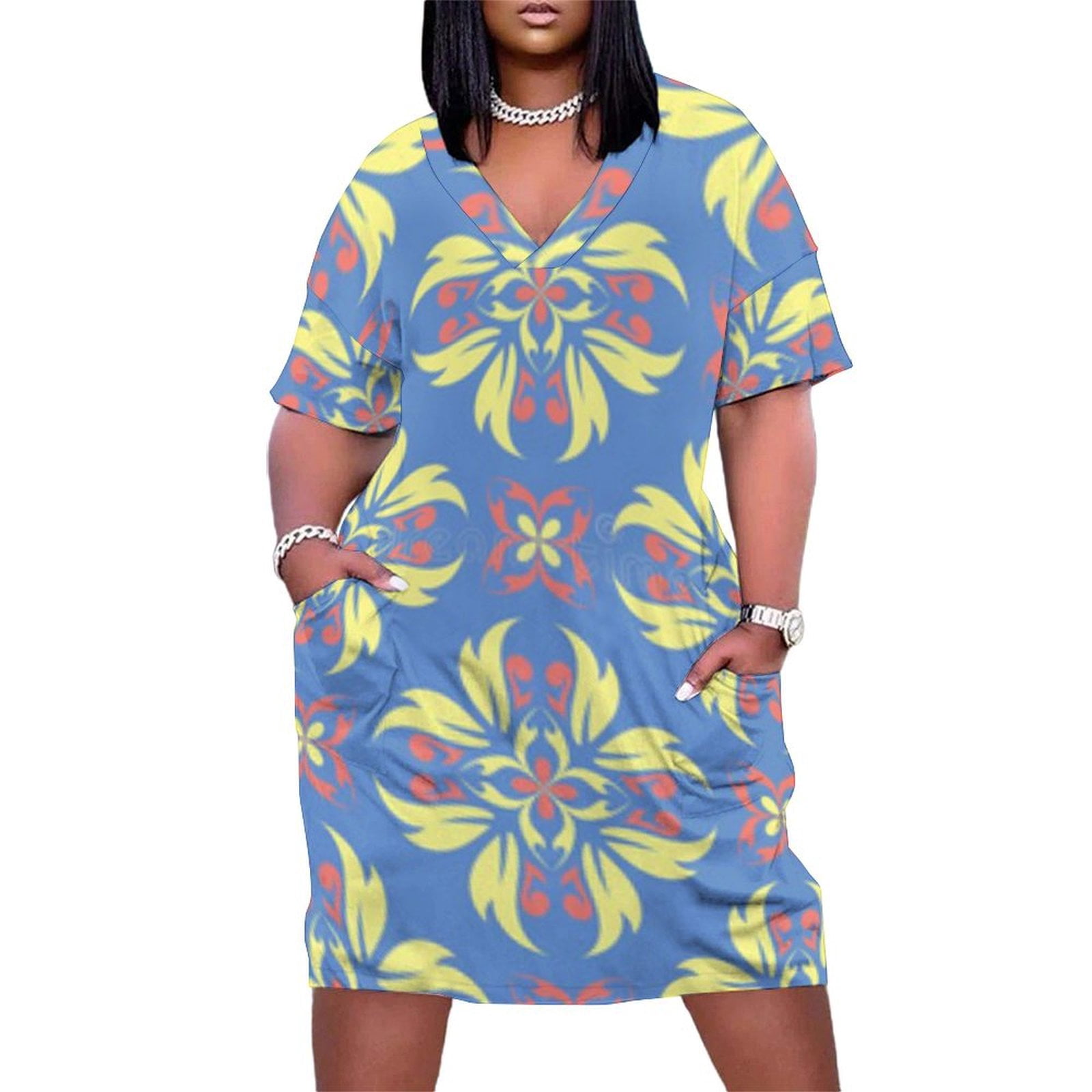 Blue Yellow Floral Seamless Pattern Women's Summer Short Sleeve Casual ...