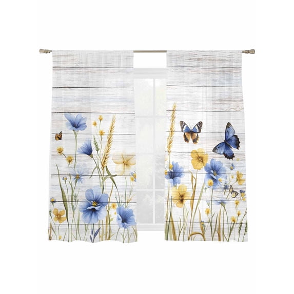 Blue Yellow Floral Sheer Curtains 2 Panels Set Butterfly Watercolor ...