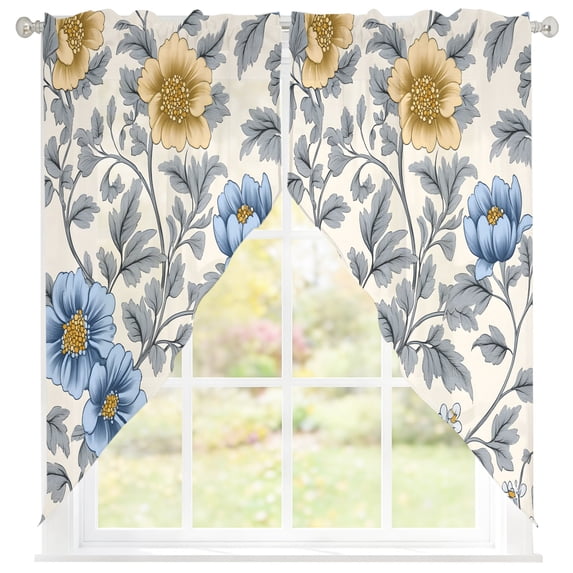 Blue Yellow Floral Sheer Curtains Swag Valances for Windows Vintage ...